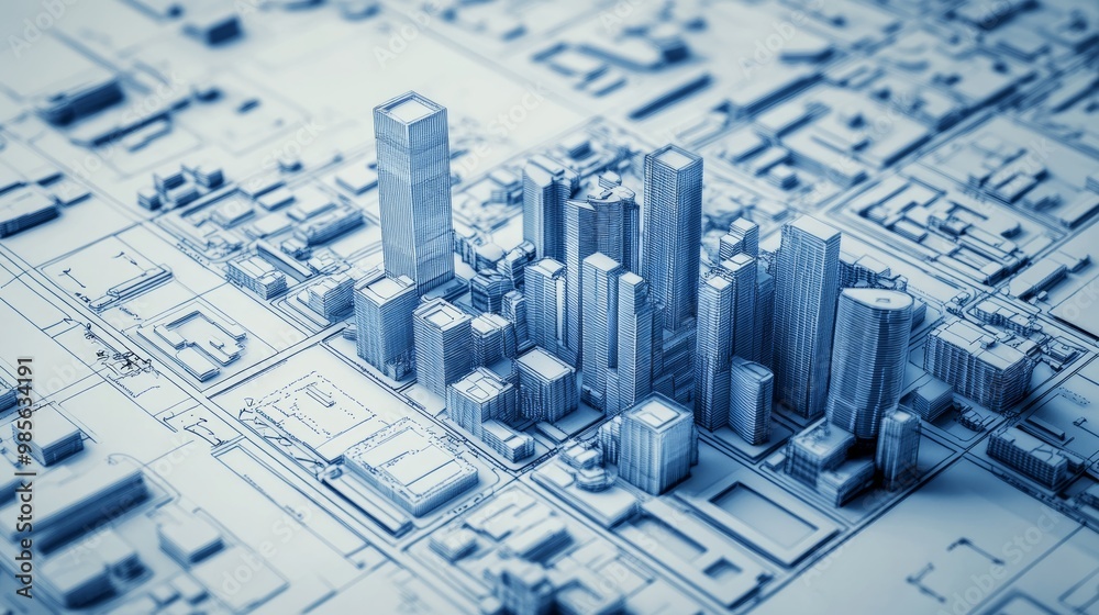 Architectural blueprint of a modern cityscape with urban planning notes ...