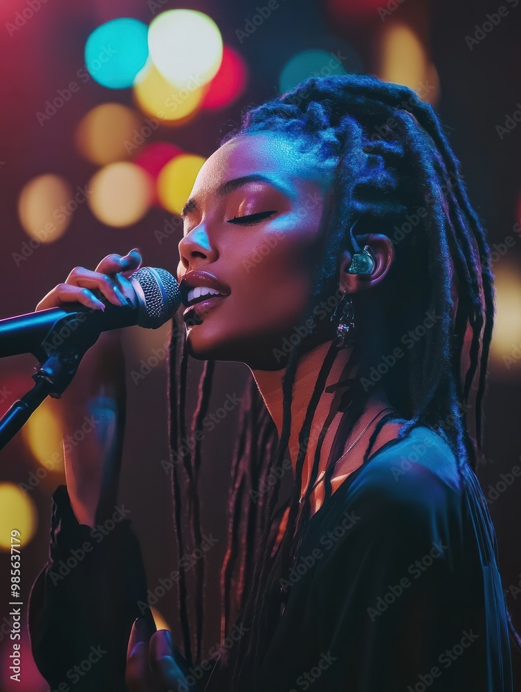 Confident beautiful black female singer with dreadlocks singing into a ...