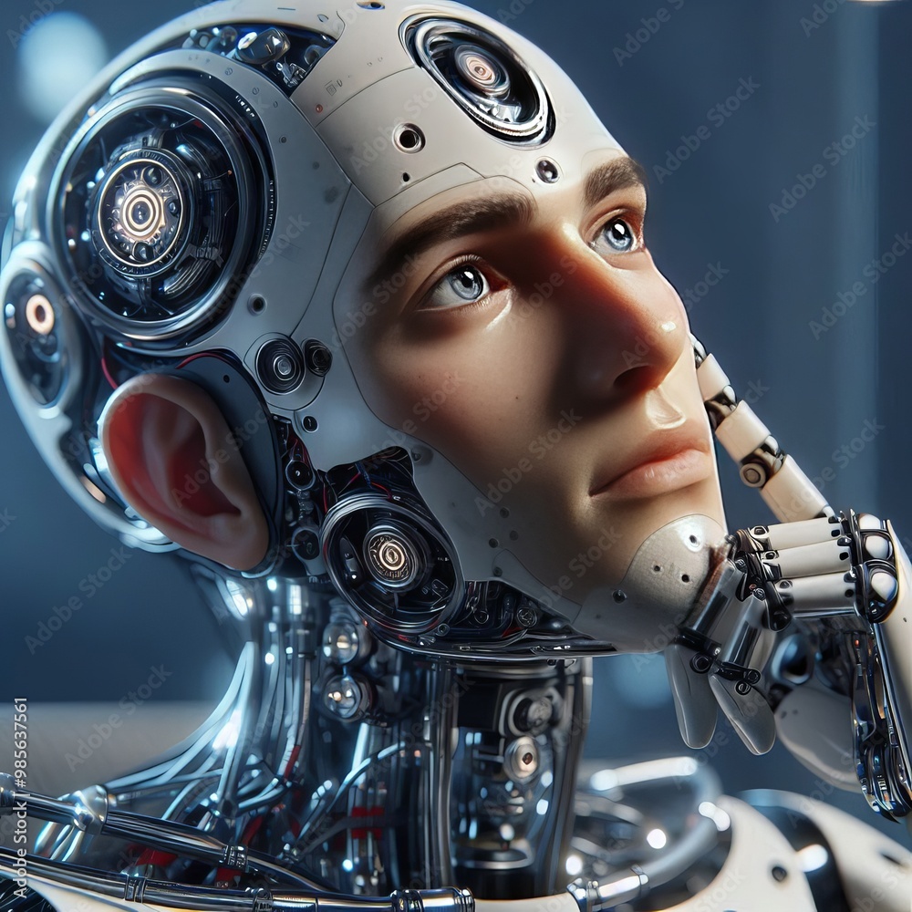 A detailed view of a humanoid robot in a contemplative pose, showcasing ...