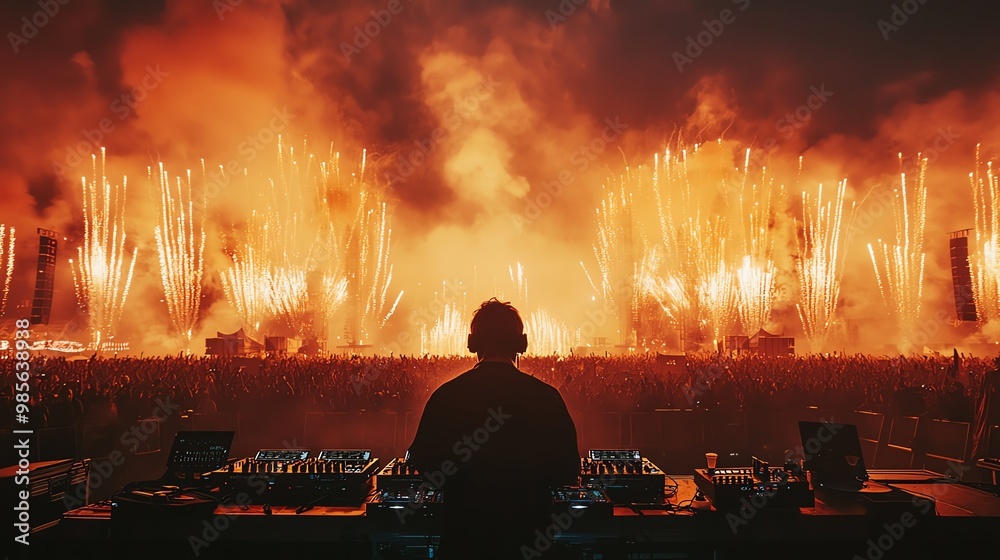 DJ leading an outdoor festival with vibrant pyrotechnics, wide angle ...