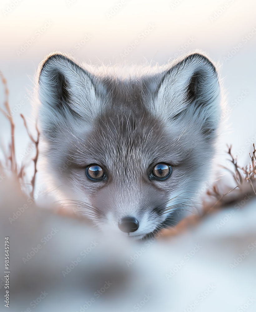Adorable Baby Arctic Fox with Piercing Blue Eyes Surrounded by Soft ...