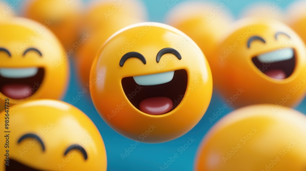 Closeup of yellow smiley face emoji with a big open mouth, with other ...