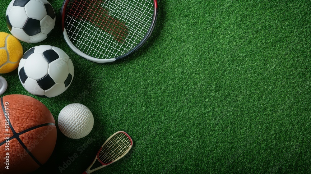 Sports Equipment on Green Grass: A collection of various sports ...