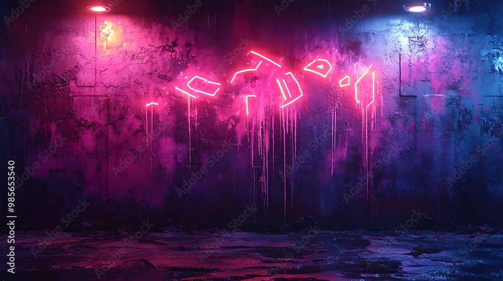 Abstract neon graffiti shapes glowing on a dark, worn-out wall ...