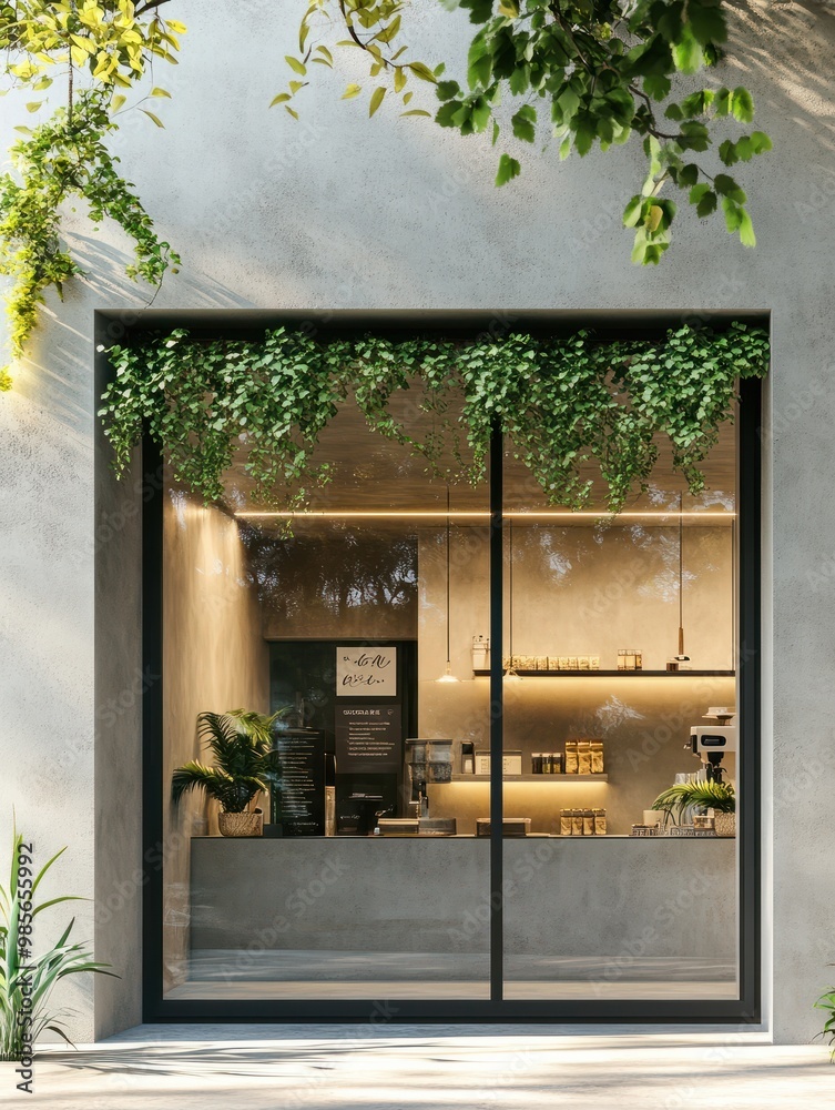 Chic minimalist modern concrete cafe shop facade with windows ...