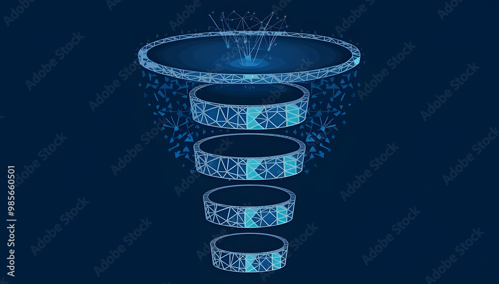 Digital Social Media Sales Funnel in blue technological polygons on ...