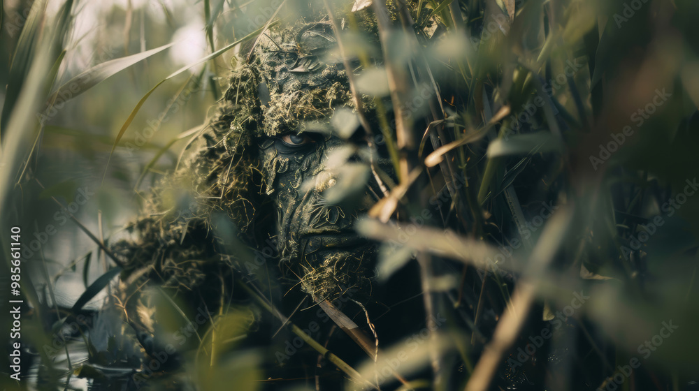 Camouflage sniper in dense vegetation, hidden in wilderness, military ...