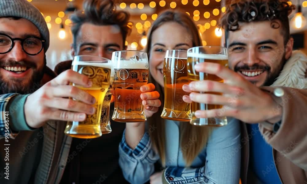A lively group of friends gathers at a quaint pub, laughing and ...