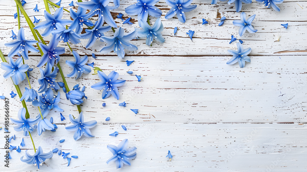 Beautiful blue flowers on rustic white wooden background, perfect for ...