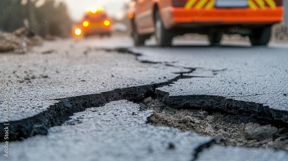 Cracked highway with emergency vehicles on-site after an earthquake ...