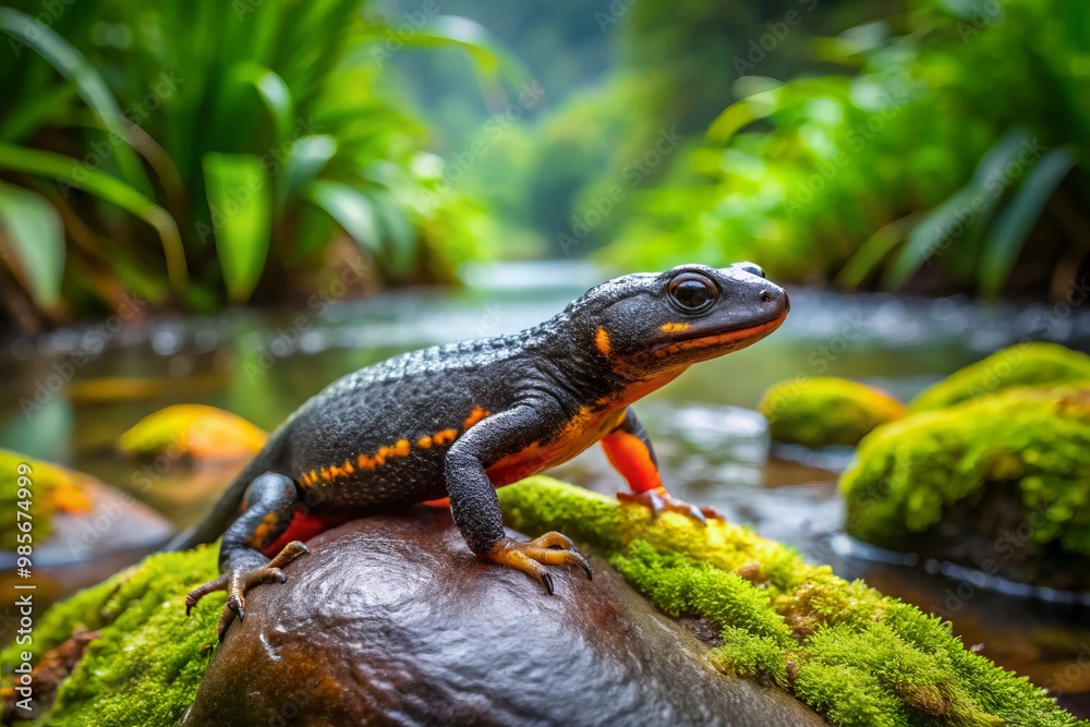 An enigmatic lizard newt basking on a rock amidst a lush rainforest ...