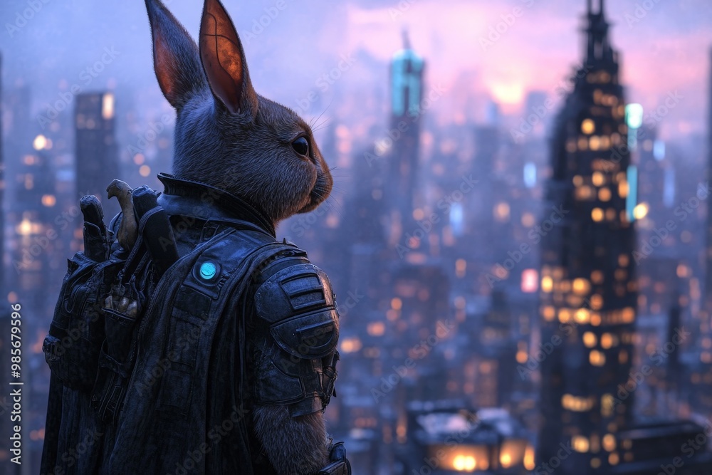 A rabbit in a Batman costume, standing amidst a detailed miniature ...