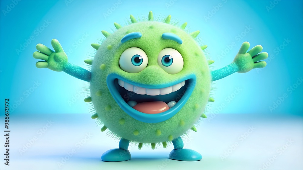 Cheerful cartoon virus character with friendly expression and raised ...