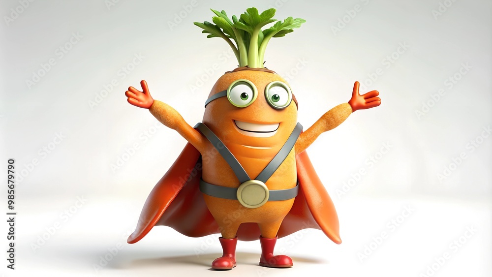 Funny superhero carrot character with glasses and cape on a neutral ...