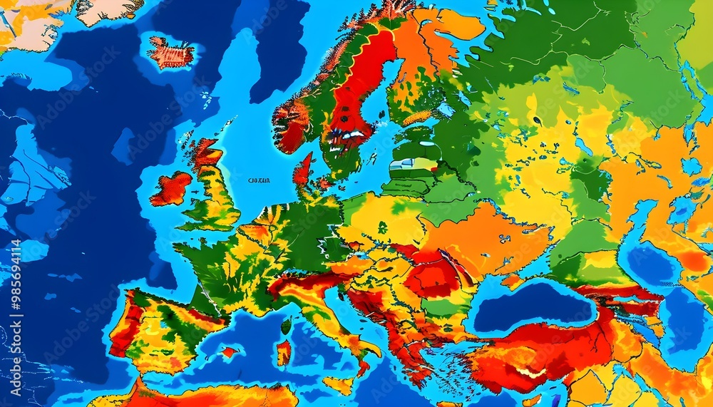 Vivid heat map showcasing temperature variations and climate differences across Europe for ...