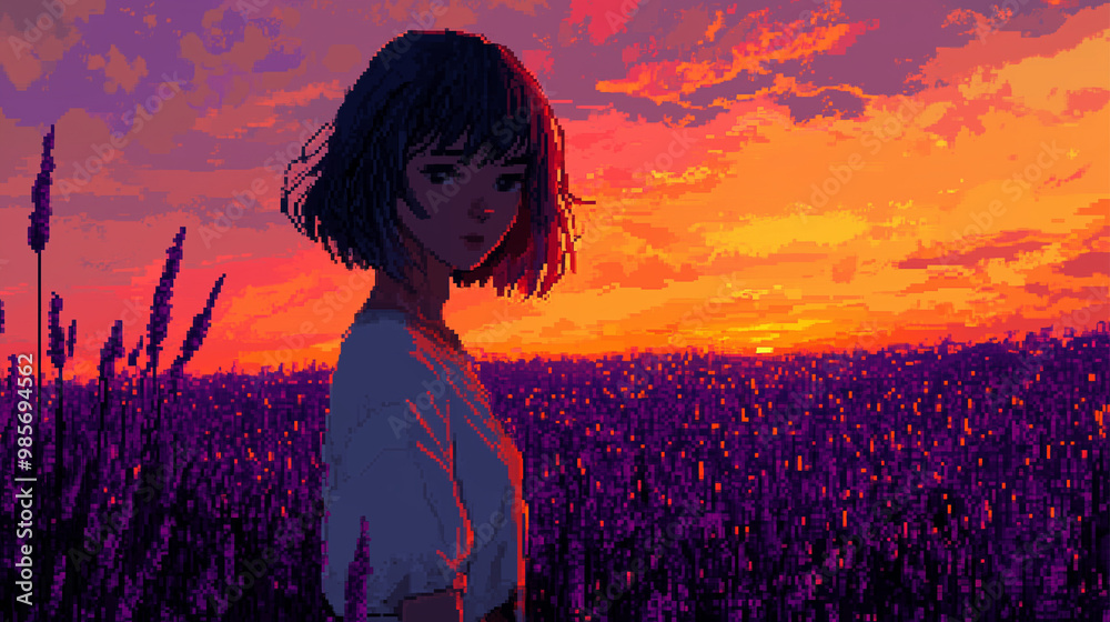 pixel art of a short-haired girl standing in the middle of a lavender ...