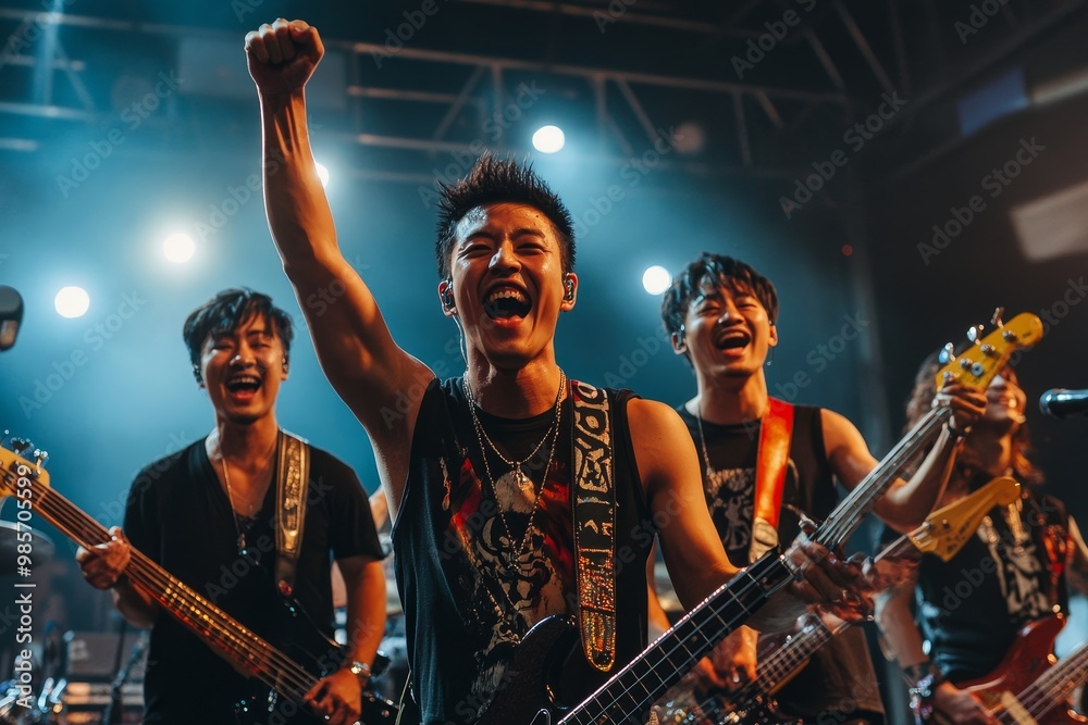 Asian group of musician men rock band standing together on stage ...