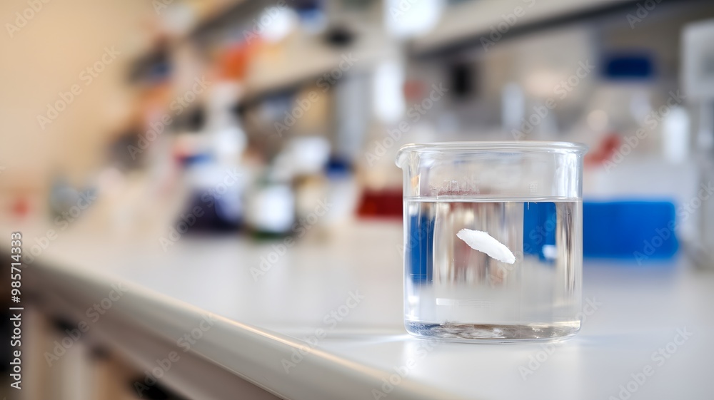 Close-up of glass beaker with clear liquid and floating indicator ...