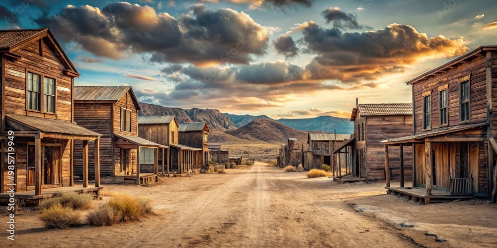 Old ghost town with weathered wooden buildings and dusty dirt streets ...