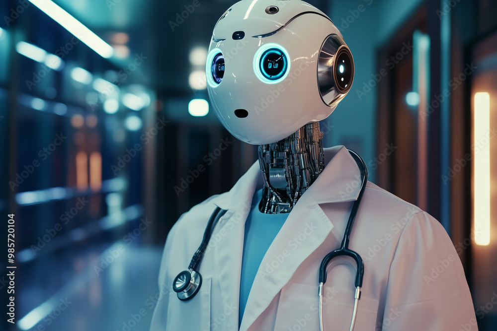 robot doctor is standing in a hallway. The robot is wearing a white lab ...