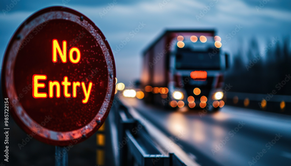 Photo & Art Print Trucks stopped at a border with large No Entry signs ...
