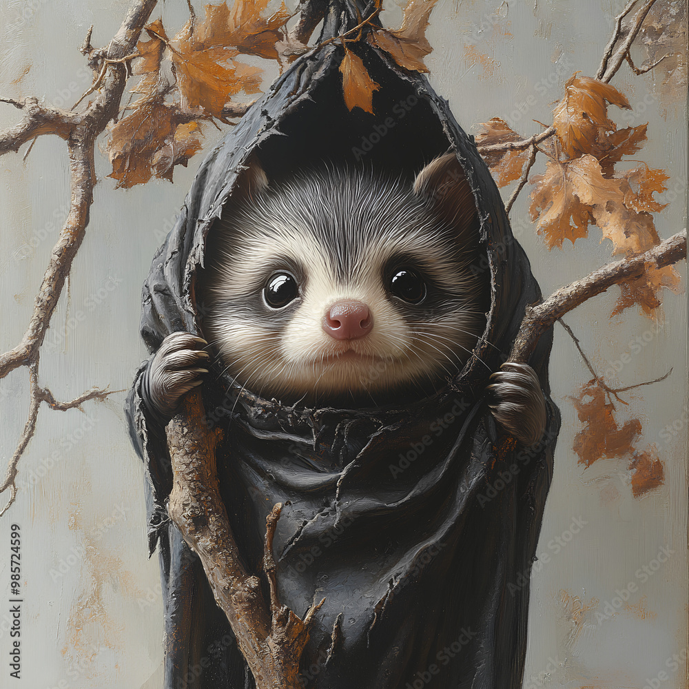 Ferret in a bat costume hanging upside down from a branch, [bat ferret ...