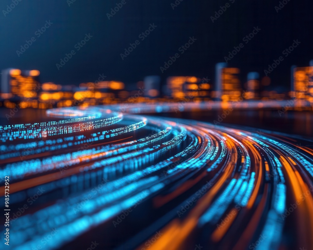 Glowing digital data streams flowing through a virtual cityscape ...