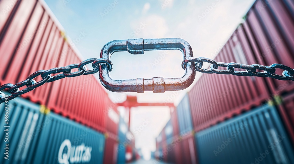 Shipping containers locked down by chains labeled "Trade Quotas", trade ...
