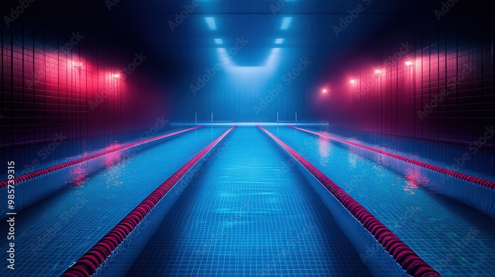 Indoor Olympic swimming pool scene, vibrant red lane lines, sleek ...
