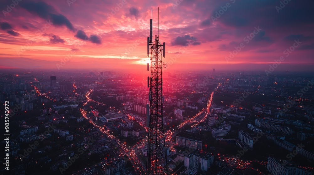 Signal distribution from telecommunication cell towers, with radiating ...