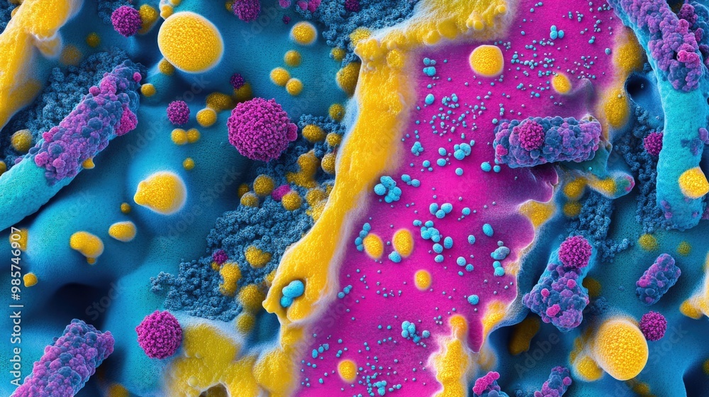 Bacteria under a microscope, magnified to show cell walls and internal ...