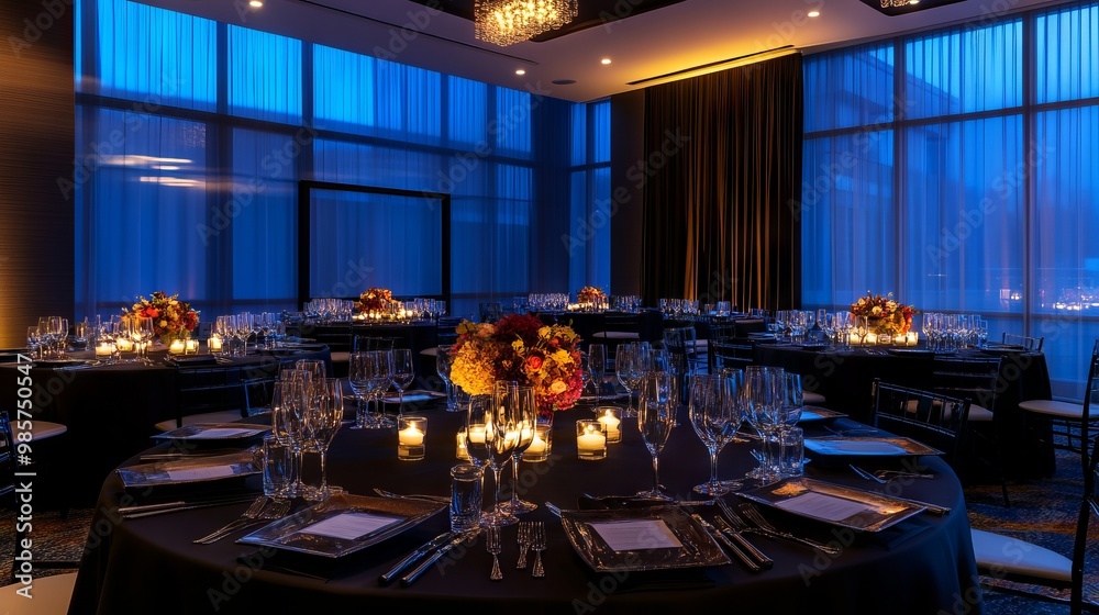 Elegant corporate event venue with sophisticated table settings and ...