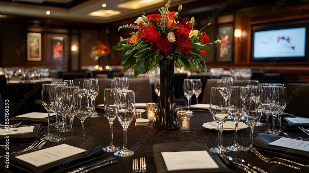 Elegant corporate event venue with sophisticated table settings and ...