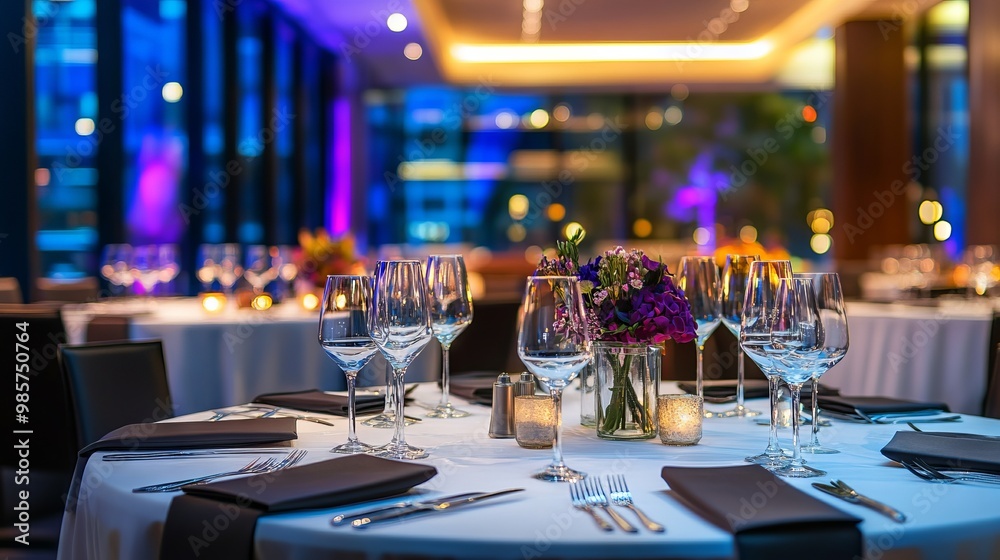 Elegant corporate event venue with sophisticated table settings and ...