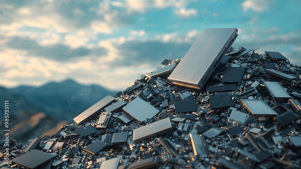 An expansive view of a mountain of electronic waste, featuring numerous ...