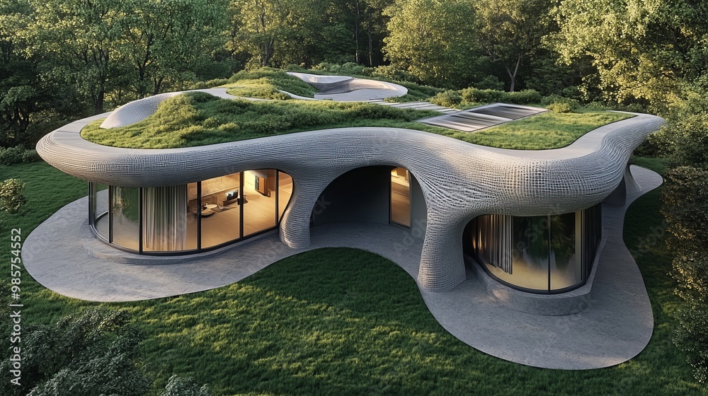 A futuristic 3D-printed home, a modern 3D-printed home, sustainable 3D ...