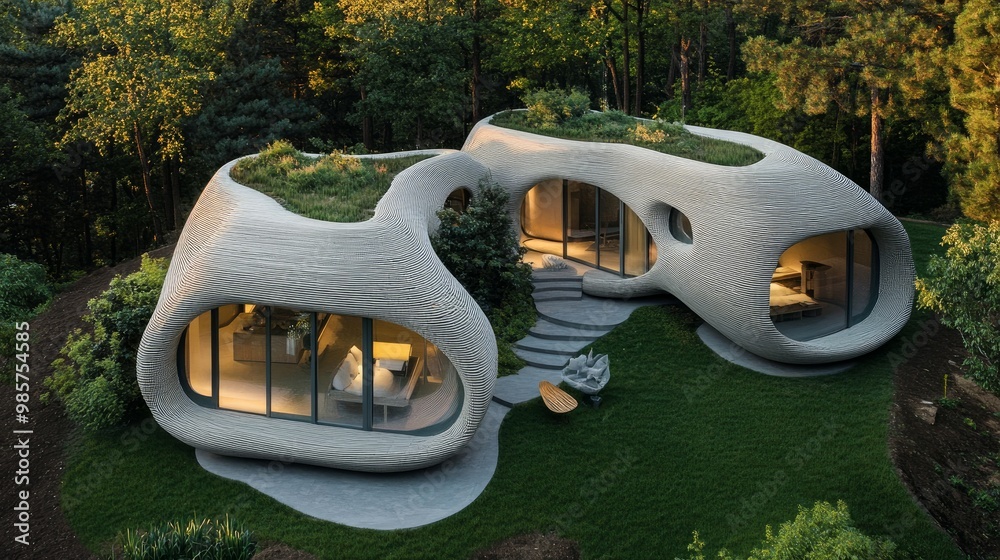 A futuristic 3D-printed home, a modern 3D-printed home, sustainable 3D ...