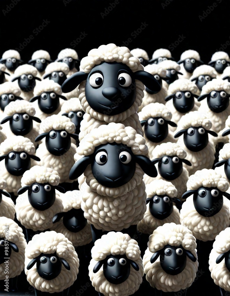 An adorable flock of cartoon sheep fills the frame, with one sheep ...