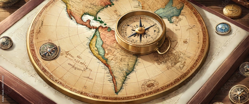 An antique map of the Americas, featuring an old-fashioned compass and ...
