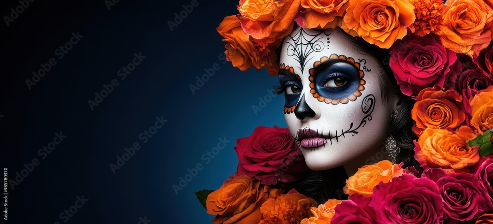Woman dressed as La Catrina, face painting for Day of the Dead among ...