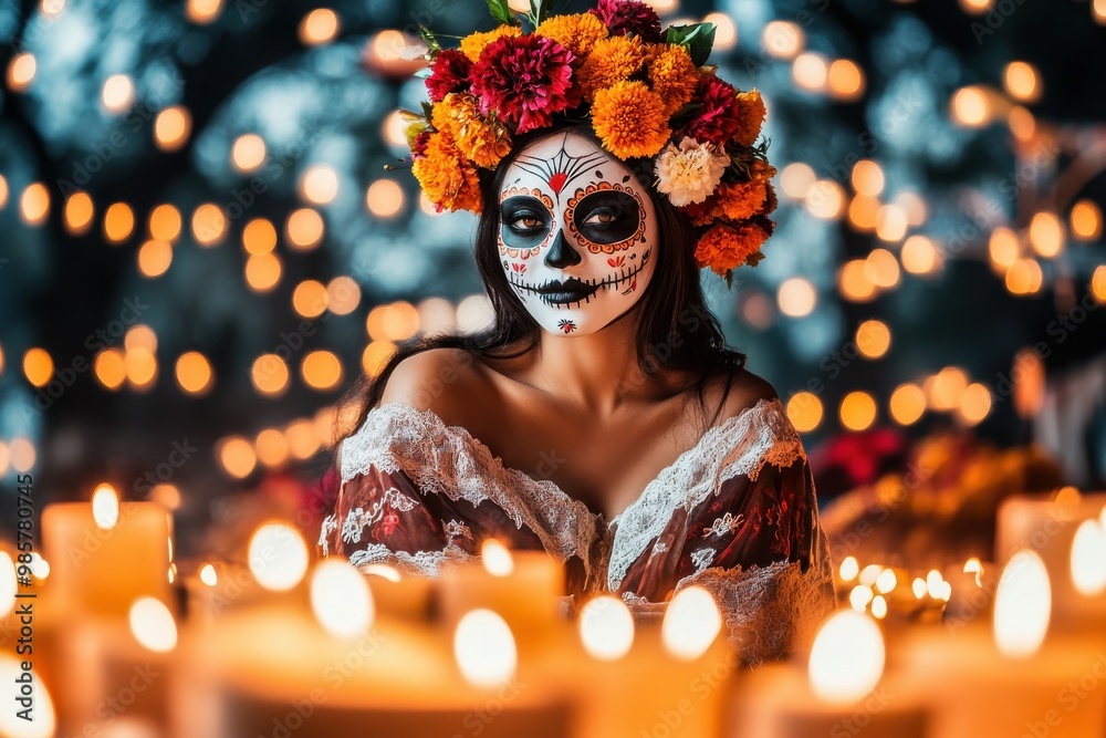 Woman dressed as La Catrina, face painting for Day of the Dead among ...