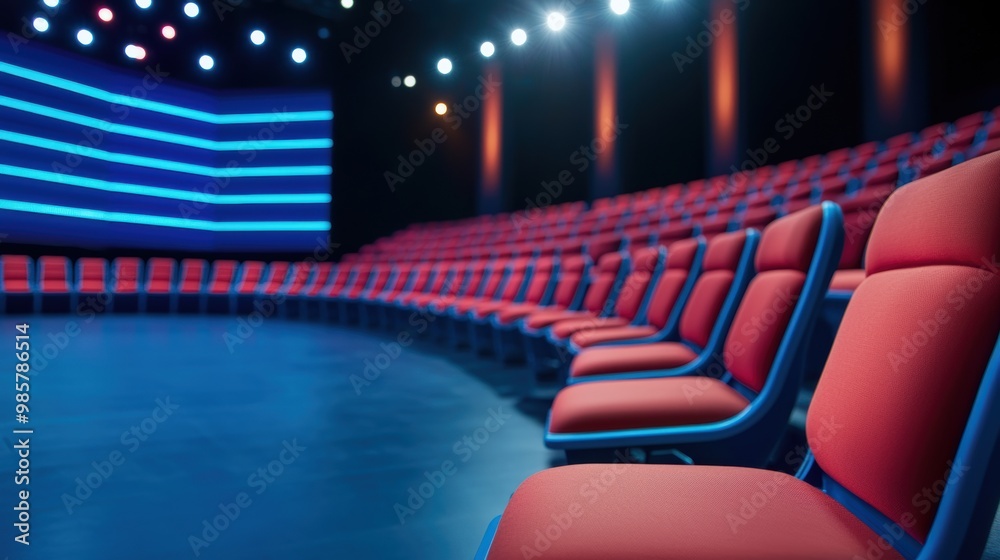 Empty game show studio with illuminated stage and seating A brightly ...