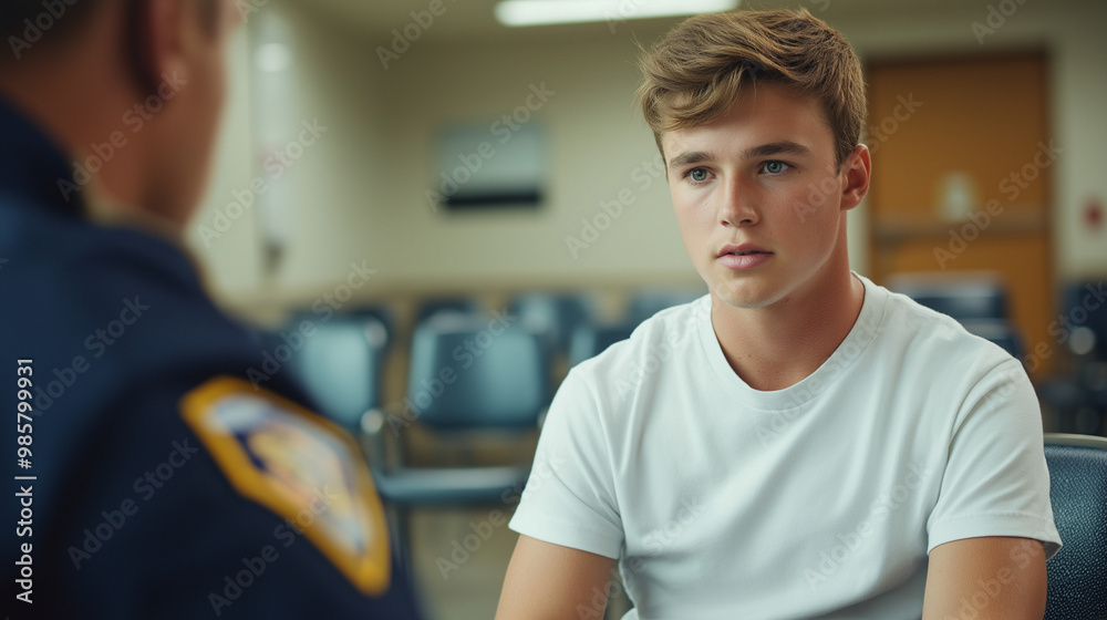 young man dressed with white t-shirt and jeans talks to police officer ...
