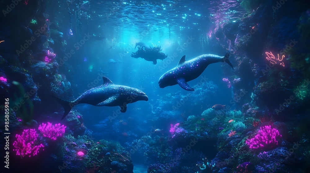 Underwater 4D animal exploration with glowing fish and digital sea creatures, set in a vibrant ...