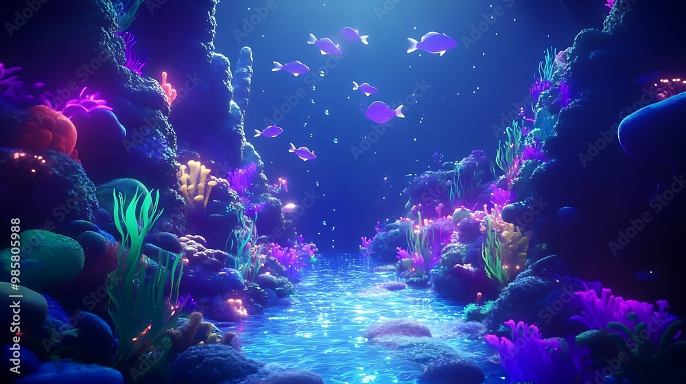 Underwater 4D animal exploration with glowing fish and digital sea creatures, set in a vibrant ...