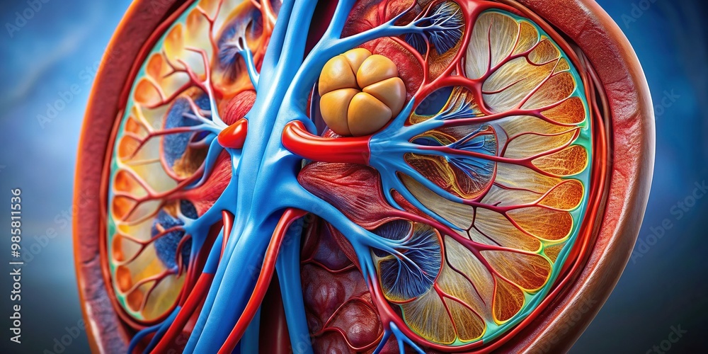 A labyrinthine network of glomeruli, tubules, and blood vessels snakes ...