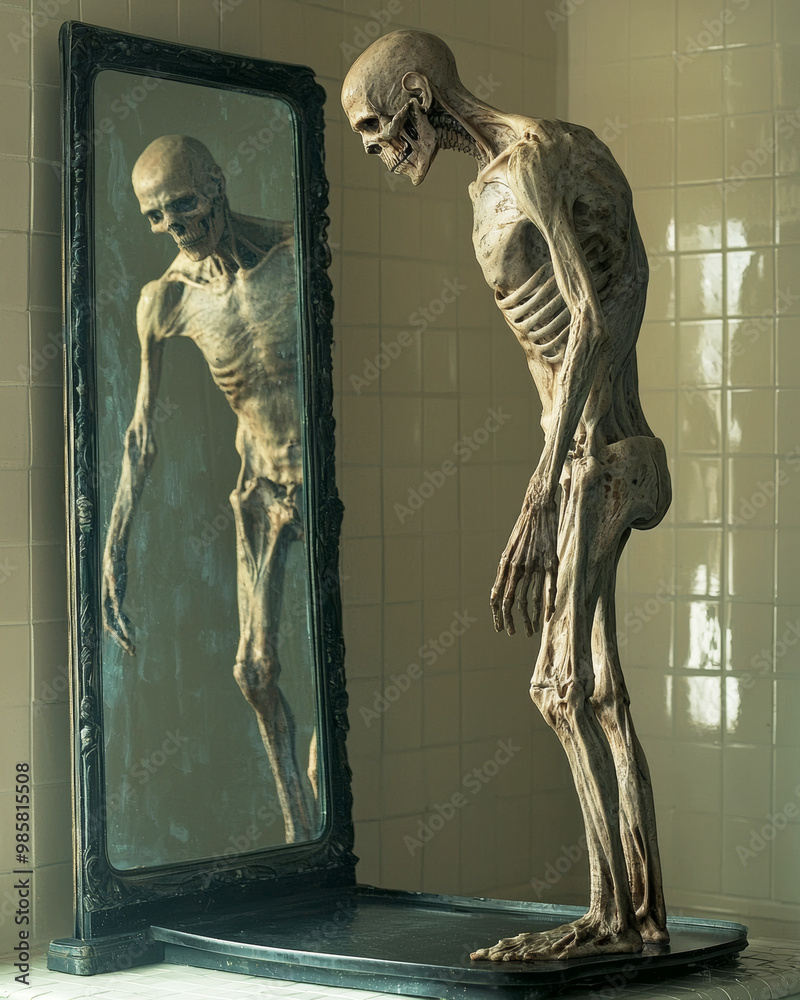 Skeletal Reflection: A haunting image of an emaciated figure gazing ...