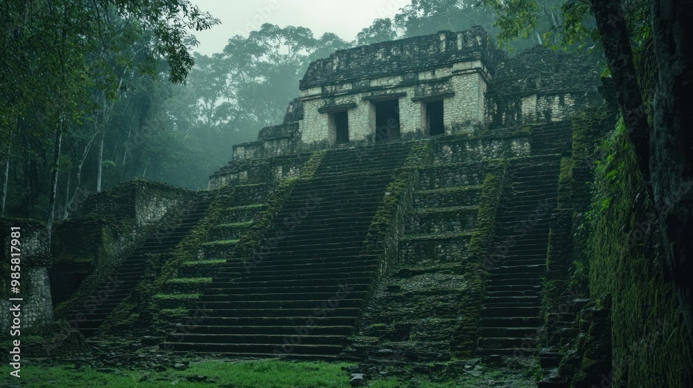 Ancient Mayan Stone Steps Leading Up To A Structure In A Jungle Setting ...