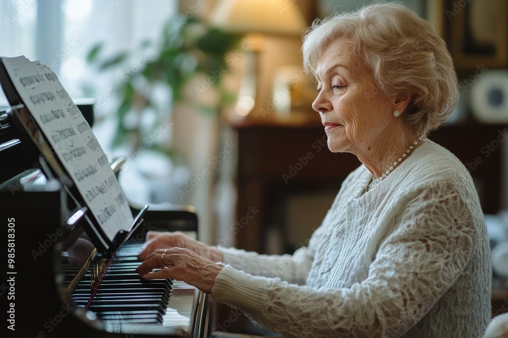 old woman playing piano in living room with sheet music in front of her ...