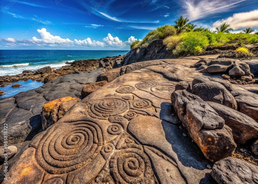 Ancient Hawaiian petroglyphs etched into volcanic rock, chronicling the ...